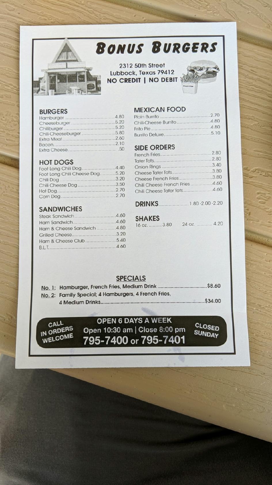Menu at Bonus Burger restaurant, Lubbock