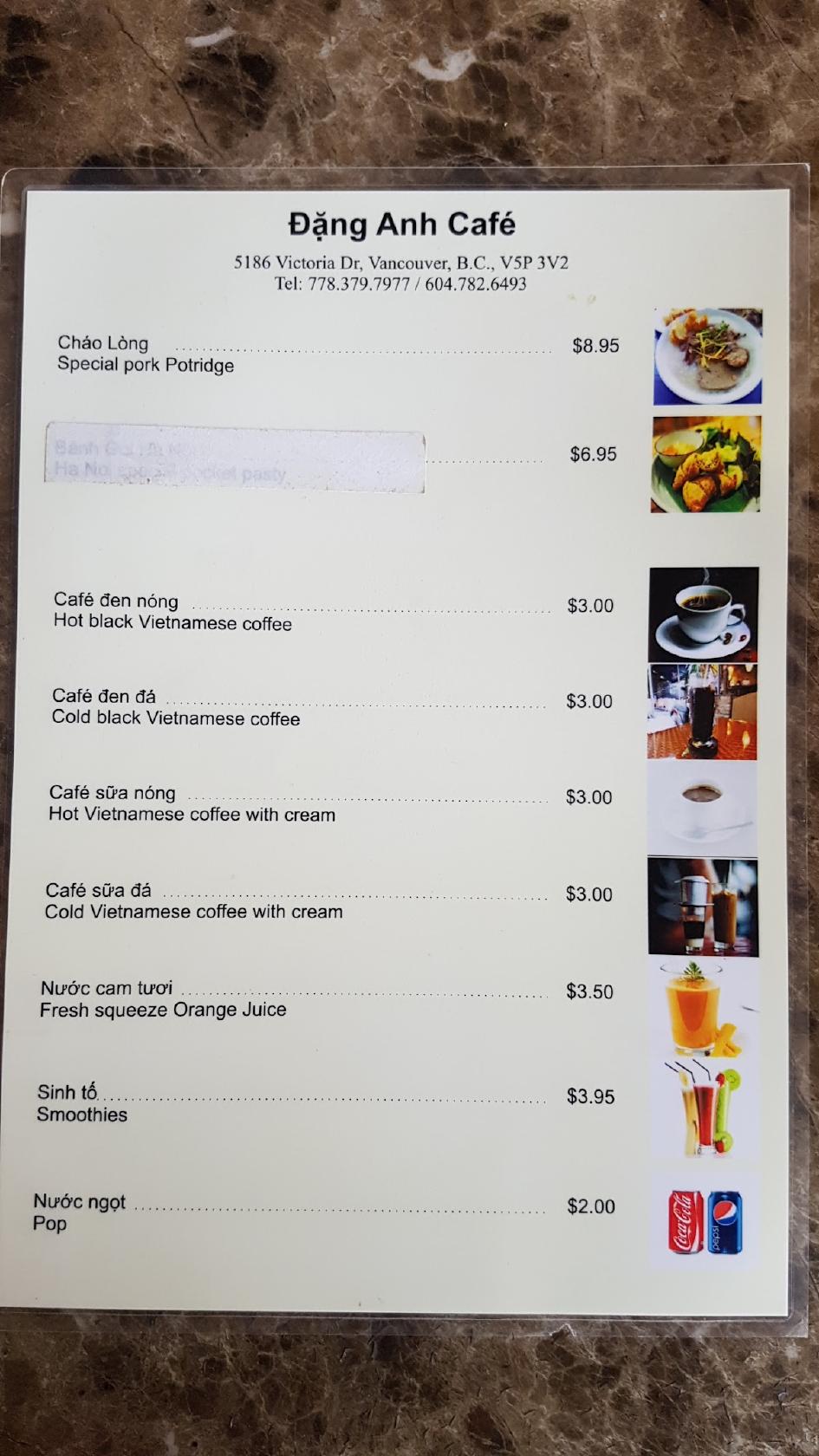 Menu at Cafe Dang Anh, Vancouver