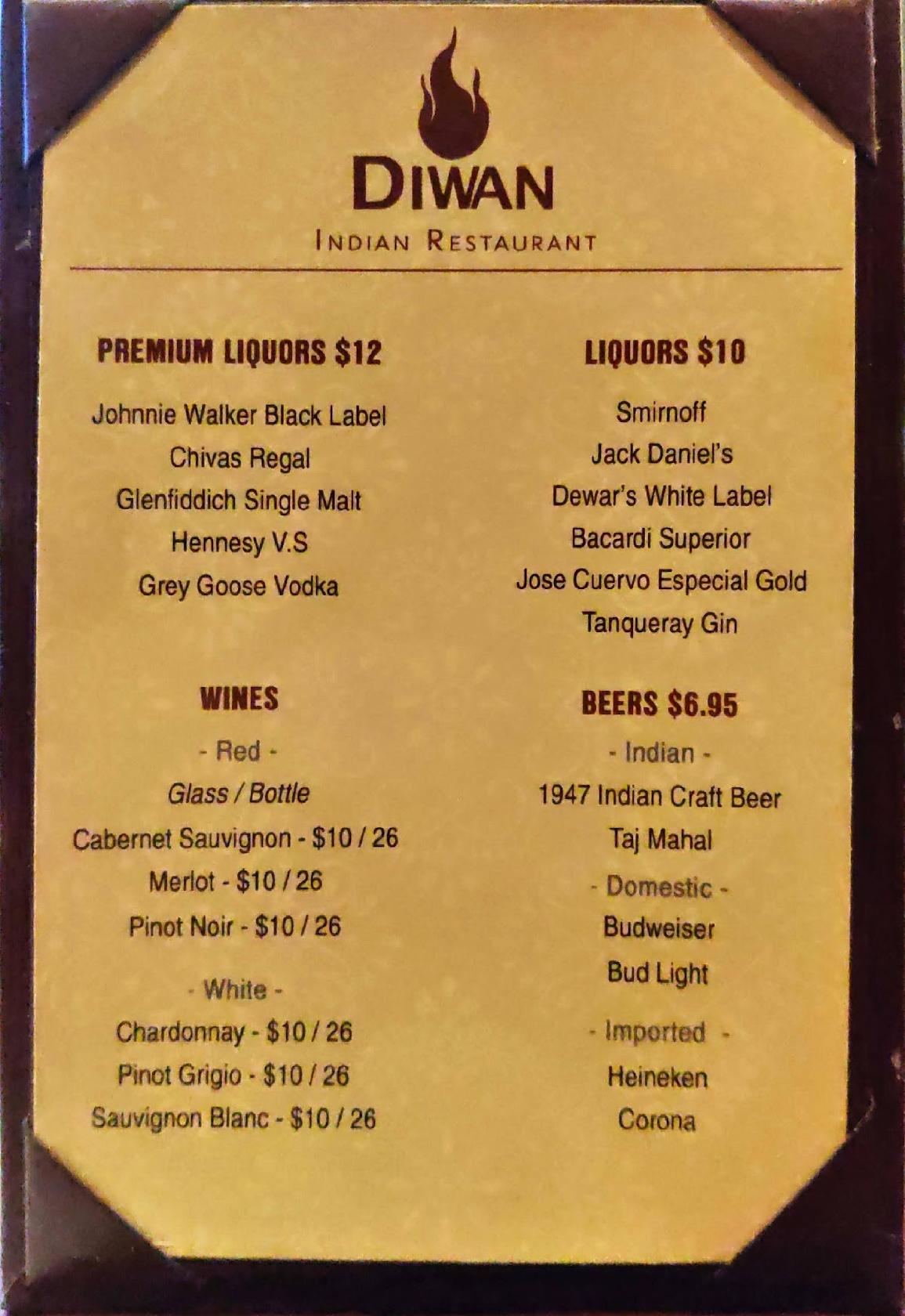 Menu at Diwan Indian Restaurant and Bar, Hicksville