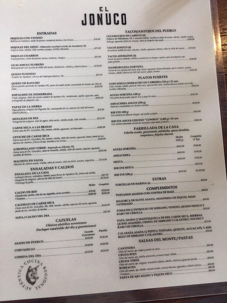 Carta del restaurante El Jonuco, Apodaca