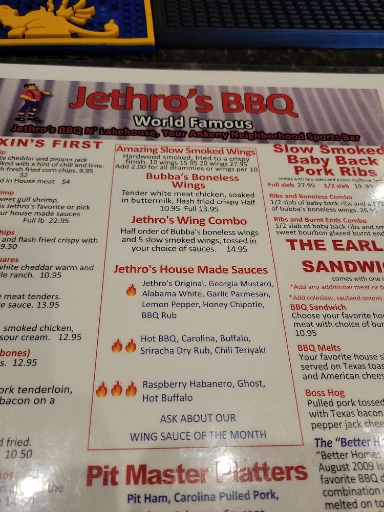 Menu at Jethro’s BBQ n’ LakeHouse, Ankeny
