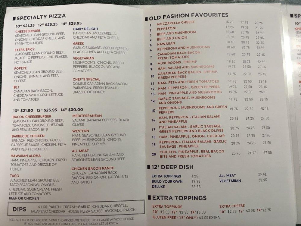 Menu at Jon's Pizza pizzeria, Calgary
