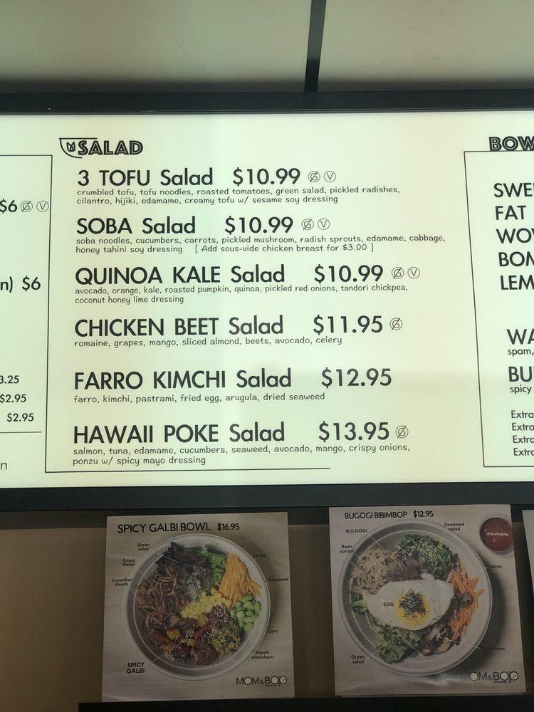 Menu at Mom & Bop restaurant, Santa Monica