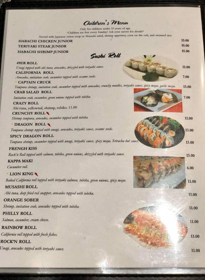 Menu at Musashi restaurant, Tracy