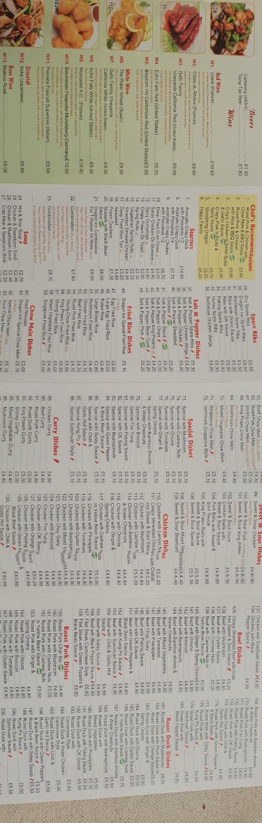 Menu at New Dragon Inn restaurant, Chesterfield
