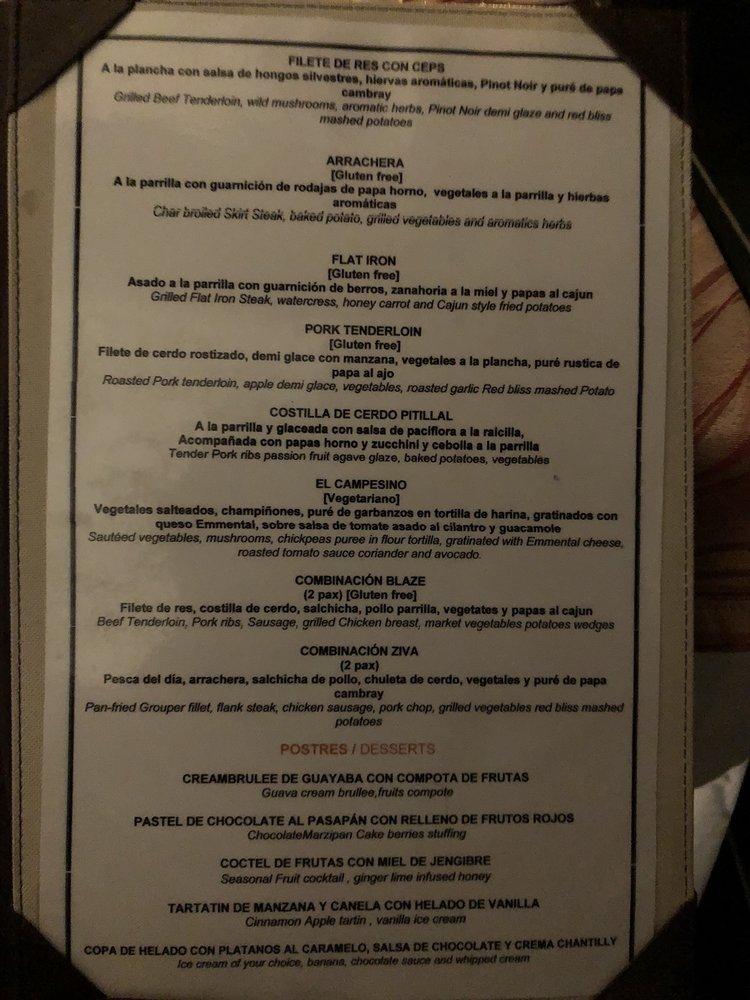 Menu at Blaze restaurant, Puerto Vallarta