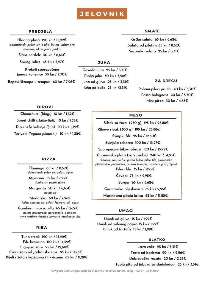 Menu at Flamingo restaurant, Mlini