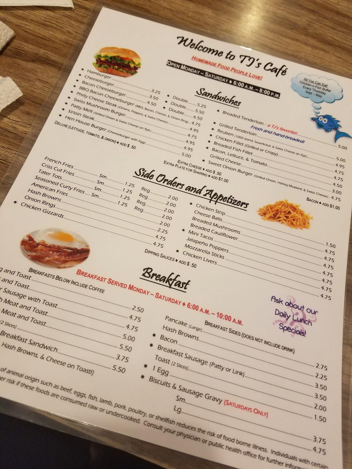 Menu at T J's Cafe, Villisca