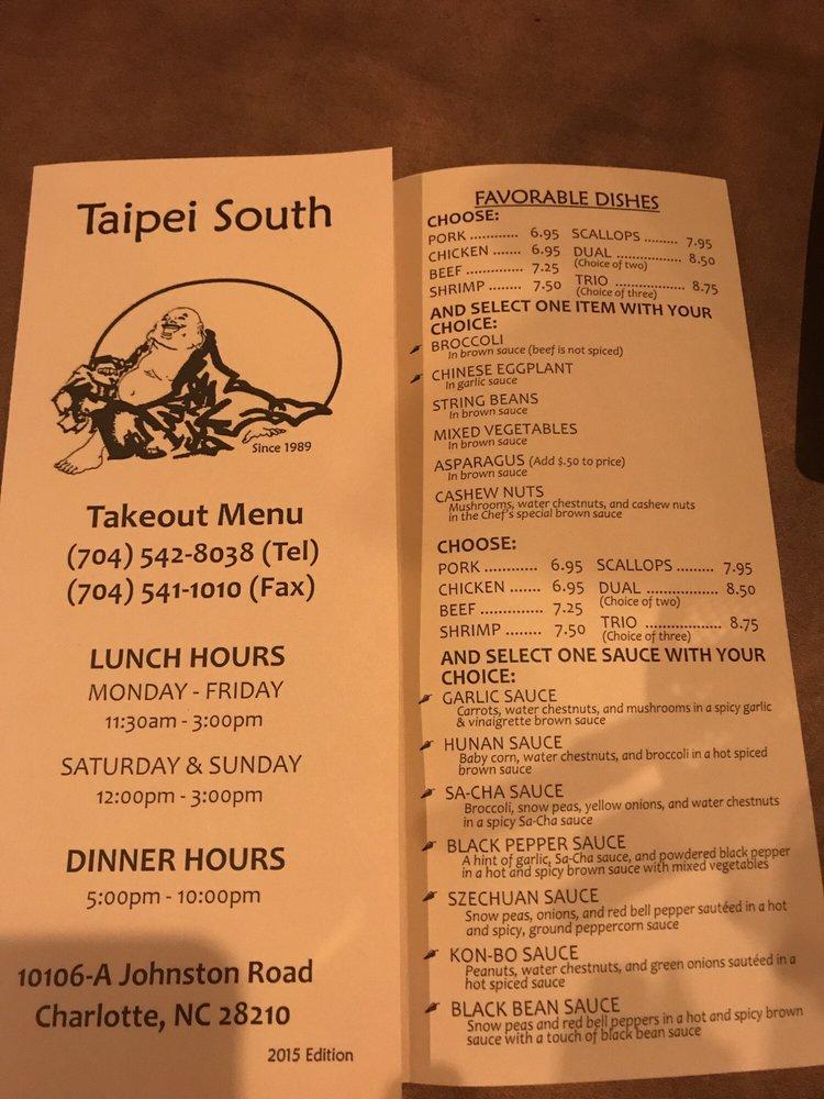 Menu at Taipei South restaurant, Charlotte