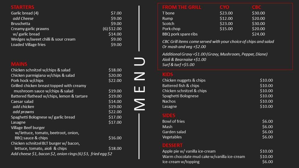 Menu at Village Hotel restaurant, Mount Druitt