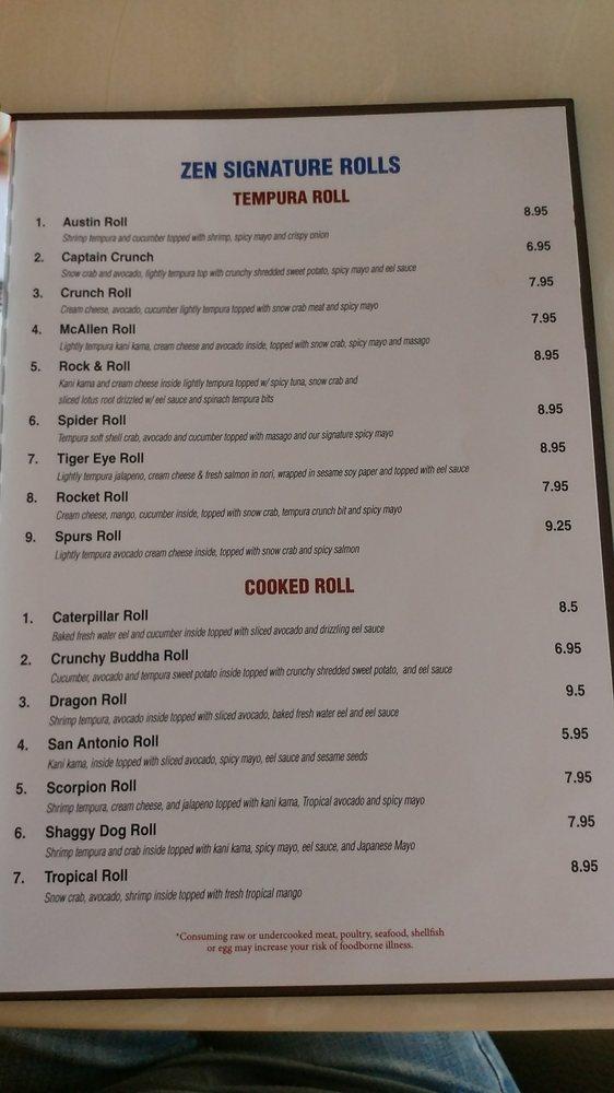 Menu at Zen Asian Bistro & Sushi restaurant, McAllen