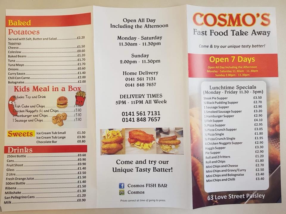Menu at Cosmo's fast food, Paisley