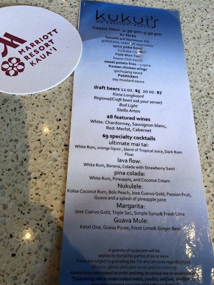 Menu at Kukui's on Kalapaki Beach restaurant, Lihue