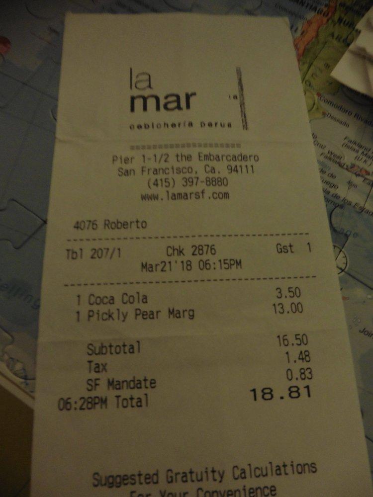 Menu at La Mar Cocina Peruana restaurant, San Francisco