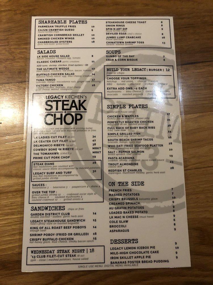 Menu at Legacy Kitchen's Steak and Chop steakhouse, Gretna, 91 Westbank ...