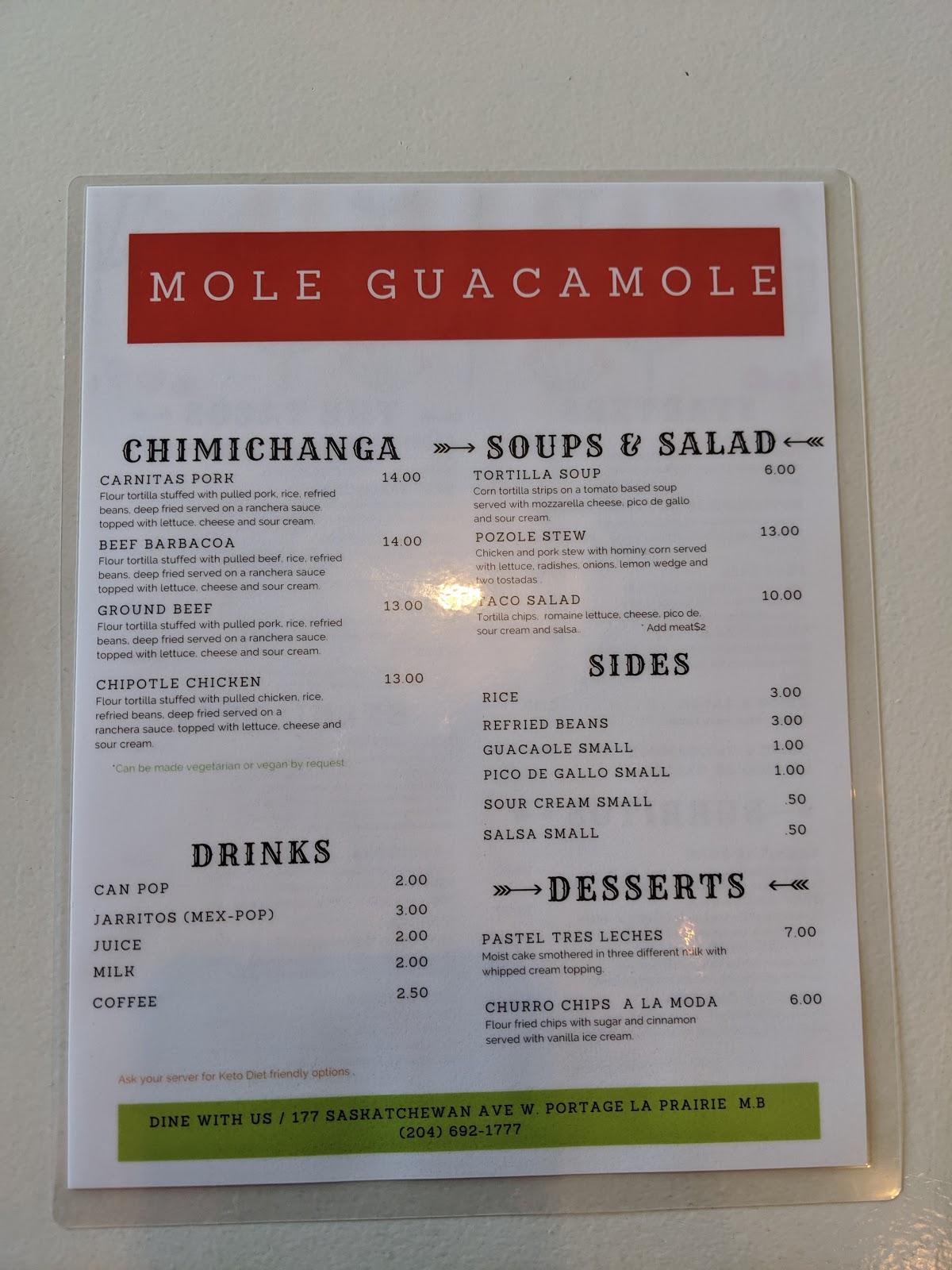 Menu at Mole Guacamole restaurant, Portage la Prairie