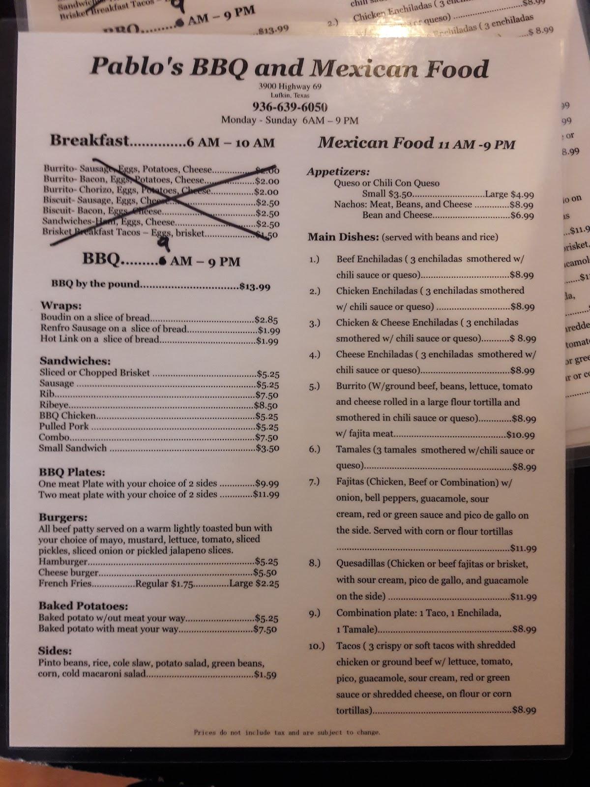 Menu at Pablo's BBQ, Lufkin, US-69