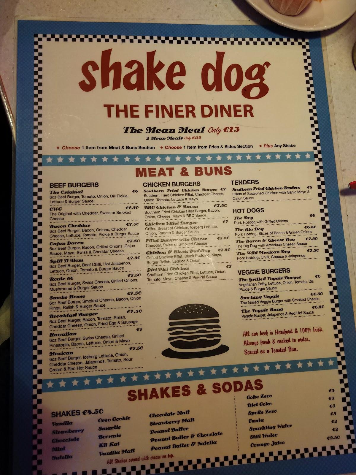 Menu at Shake Dog Galway restaurant, Galway, Wellpark Retail Centre