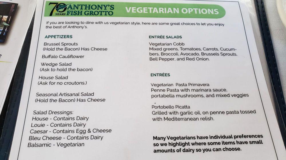 Menu at Anthony's Fish Grotto restaurant, La Mesa, Murray Dr