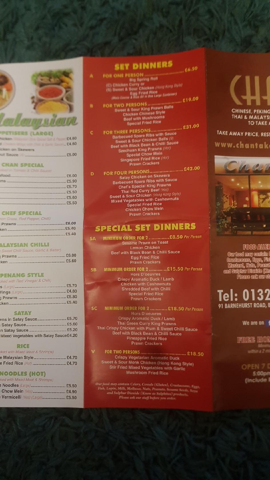 Menu at Chan Takeaway fast food, London, 91 Barnehurst Rd