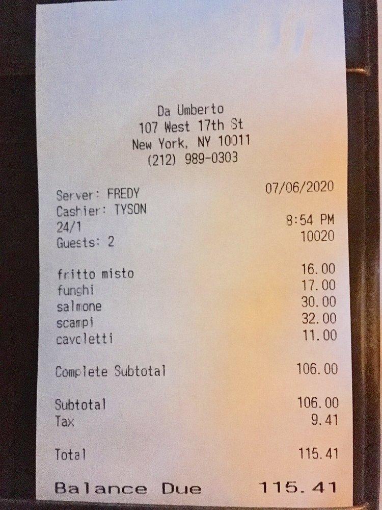 Menu at da Umberto restaurant, New York City
