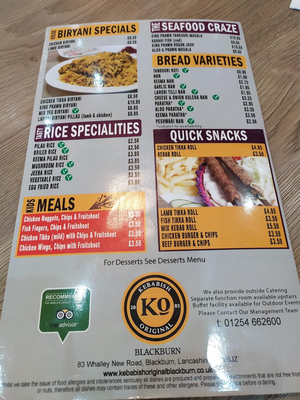 Menu at Kebabish Original Blackburn restaurant, Blackburn