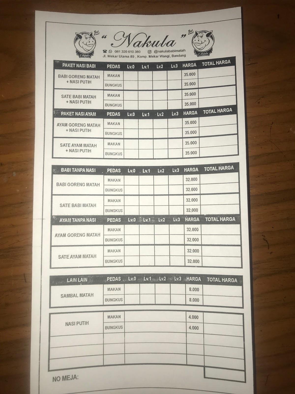 Menu at Nakula Babi Matah restaurant, Bandung