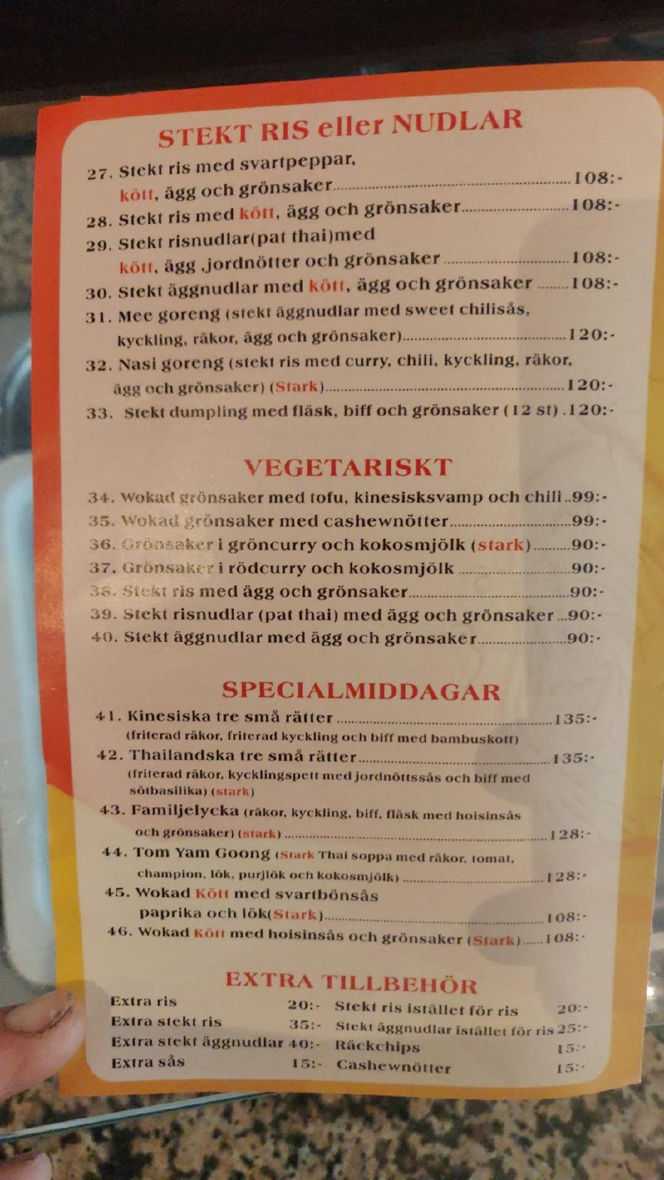 Menu at New Tokyo restaurant, Kumla