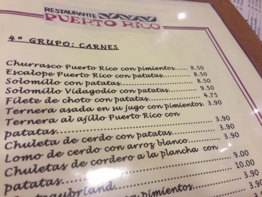 Menu at Puerto Rico restaurant, Madrid, Calle de Chinchilla