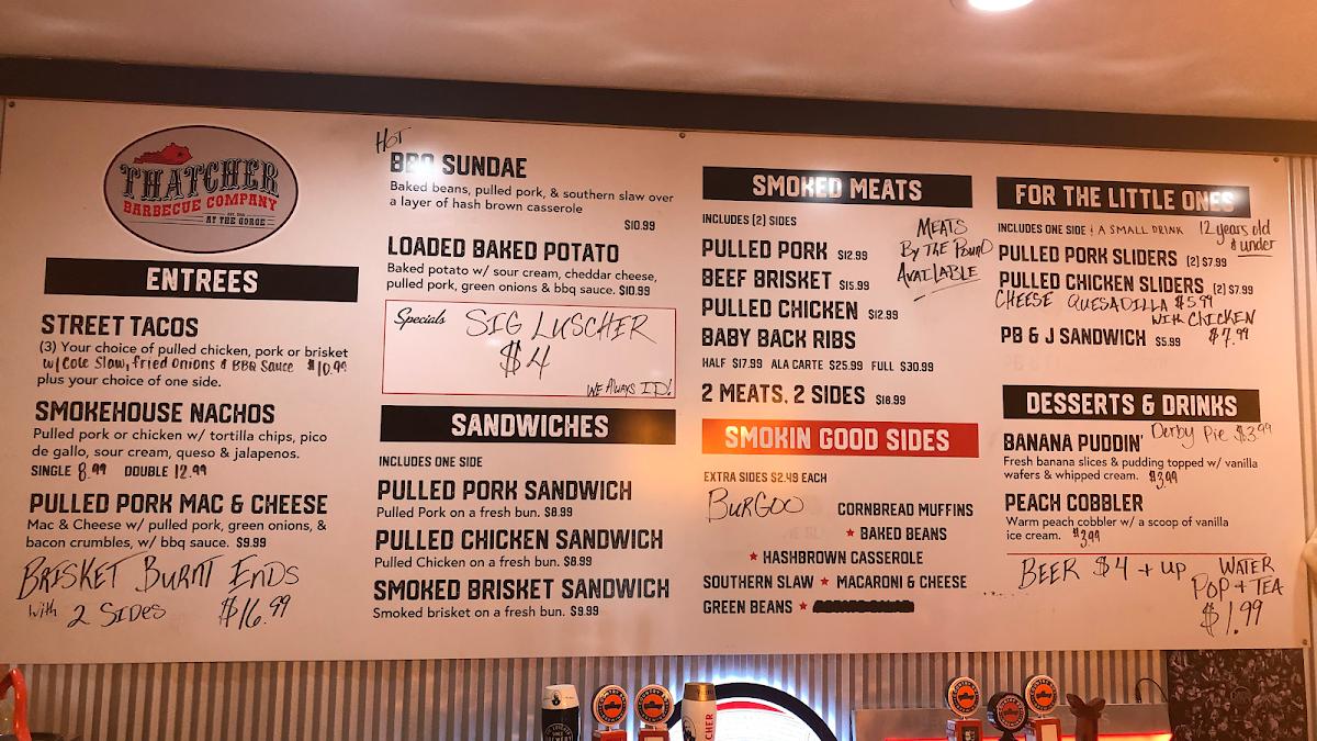 Menu at Thatcher Barbecue Company, Slade