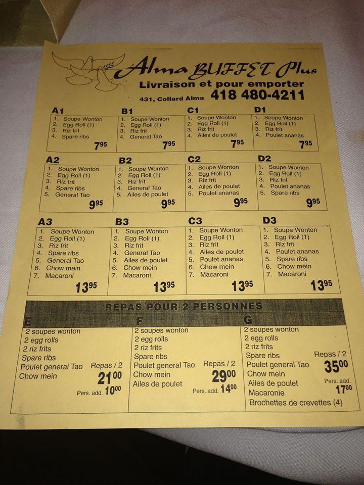Menu au Alma Buffet Plus - Les Colombes Alma QC restaurant, Alma, G8B 1N1