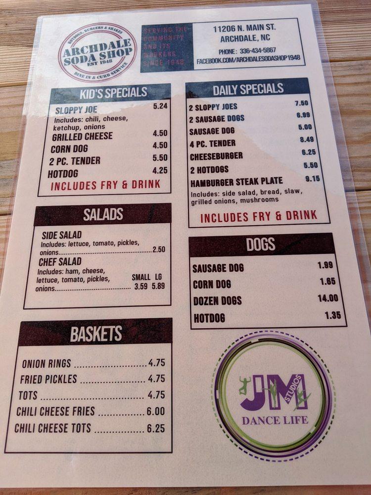 Menu at Archdale Soda Shop restaurant, Archdale