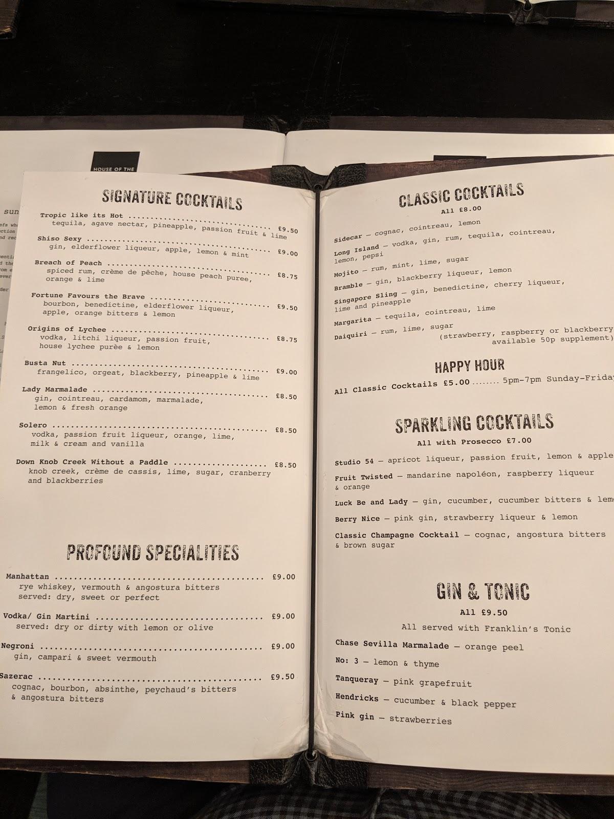 Menu at House of the Rising Sun restaurant, Shrewsbury