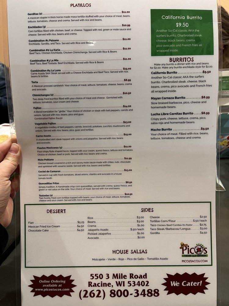 Menu at Pico's Tacos and Cerveza restaurant, Racine