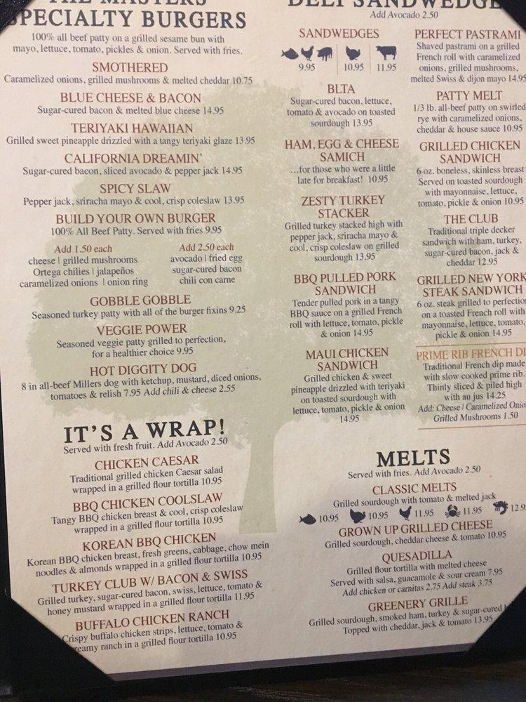 Menu at The Greenery Restaurant & Sports Bar, Walnut Creek