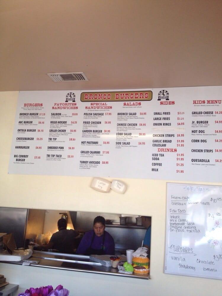 Menu at Bronco Burger restaurant, Paso Robles