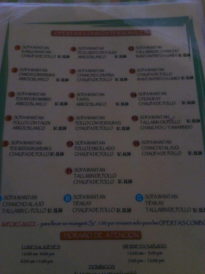 Carta del restaurante Chifa Seng Long, San Miguel