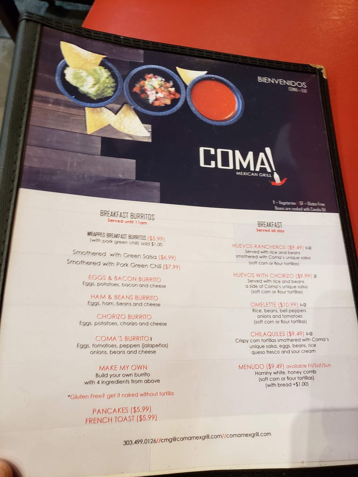 Menu at Coma Méxican Grill restaurant, Boulder