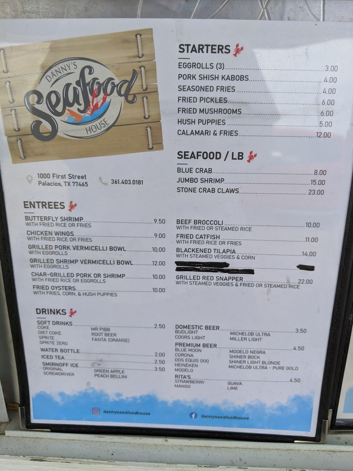Menu at Danny's Seafood House restaurant, Palacios