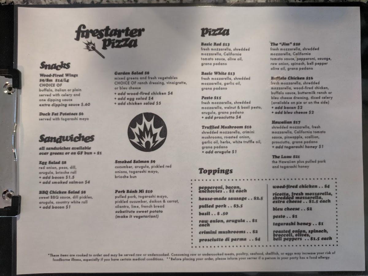 Carta de pizzería Firestarter Pizza, Dennis