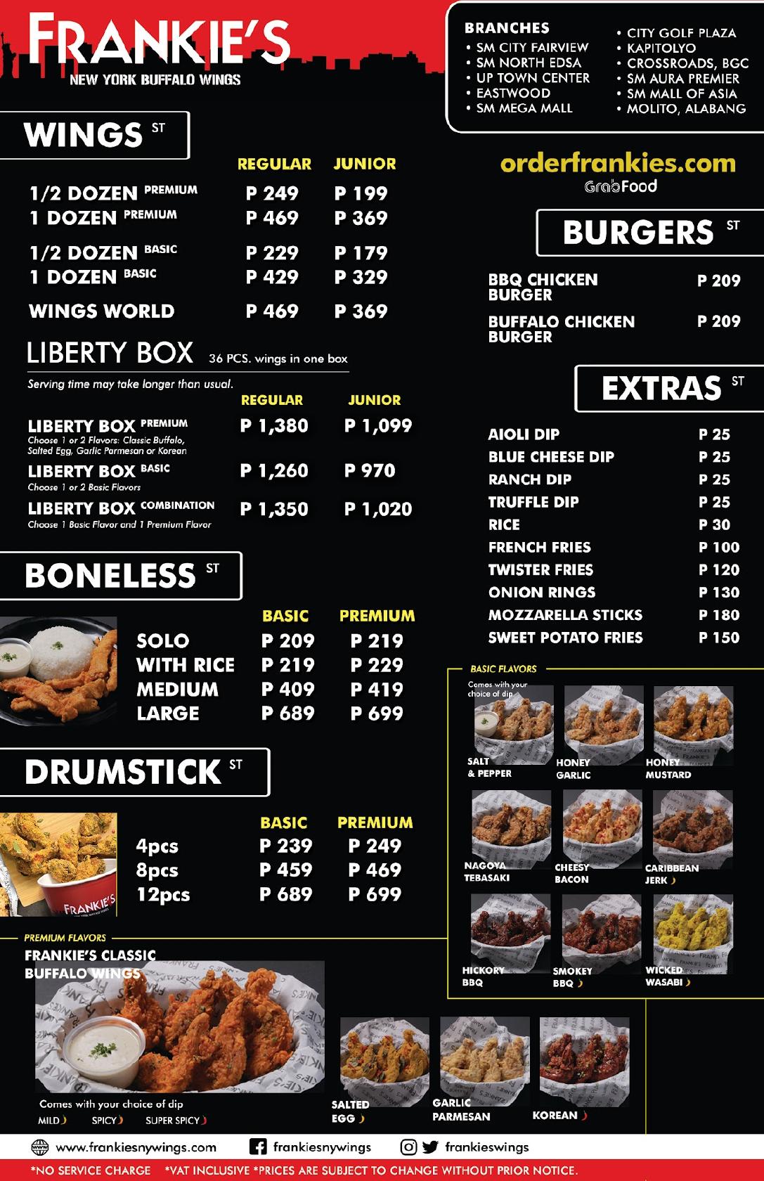 Carta del restaurante Frankie's, Pasay, MOA