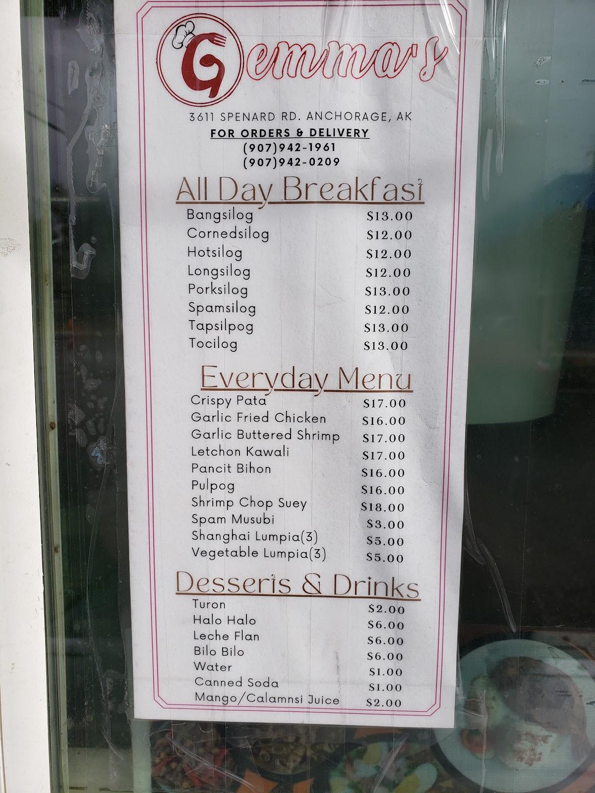 Menu at Gemma's Filipino 2 Go restaurant, Anchorage