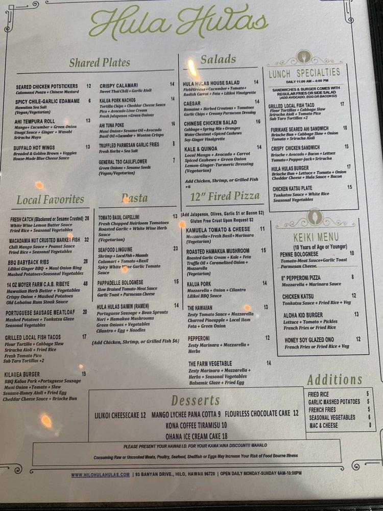 Menu at Hula Hula's restaurant, Hilo
