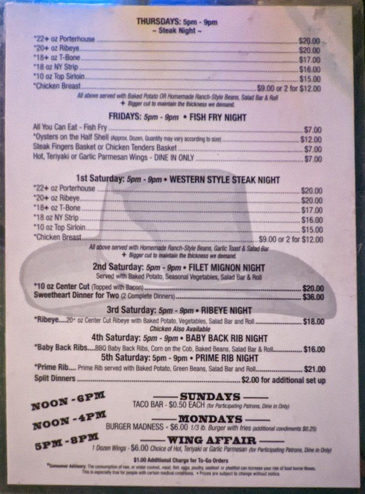 Menu at Nevada Smith's Saloon pub & bar, Tucson