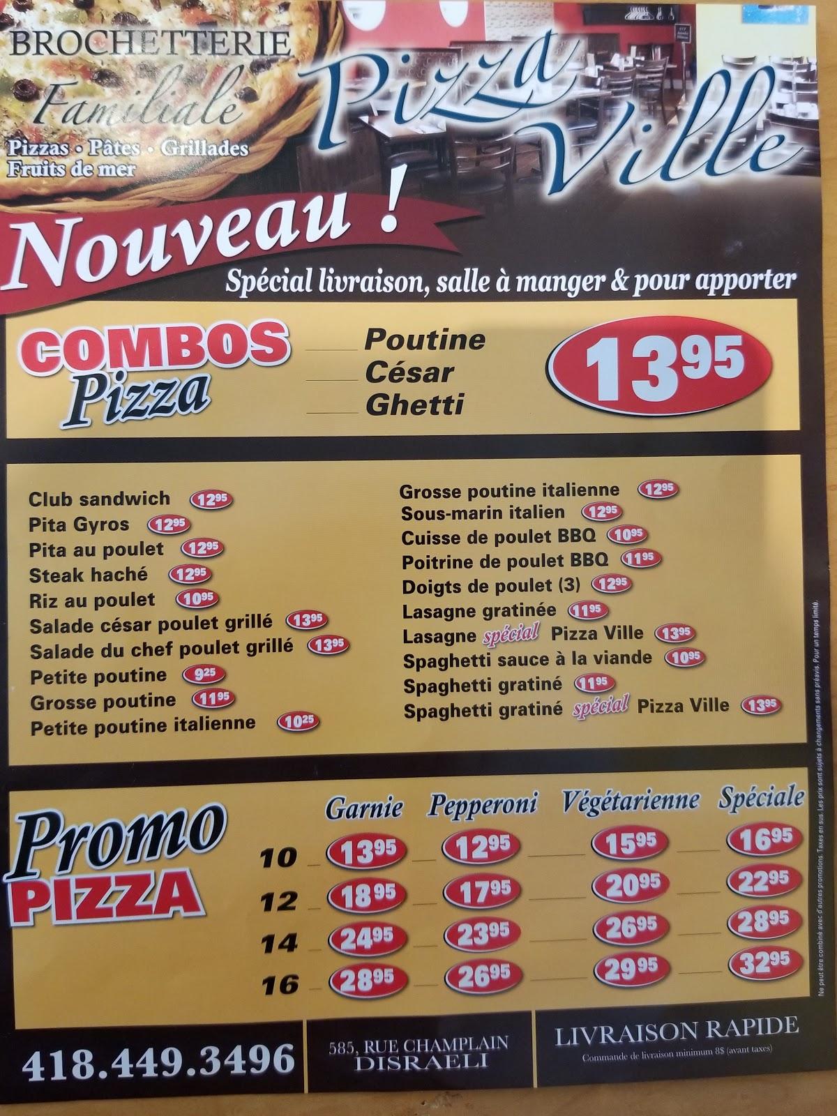 Menu au Pizzaville Disraeli pizzeria, Disraeli