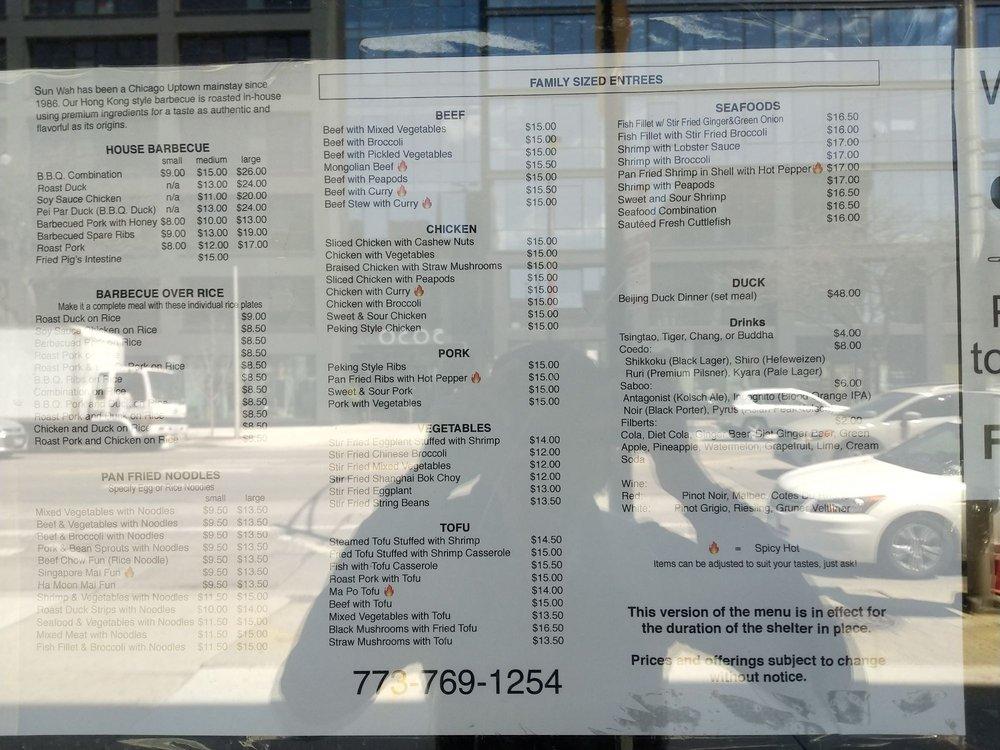 Menu at Sun Wah BBQ, Chicago
