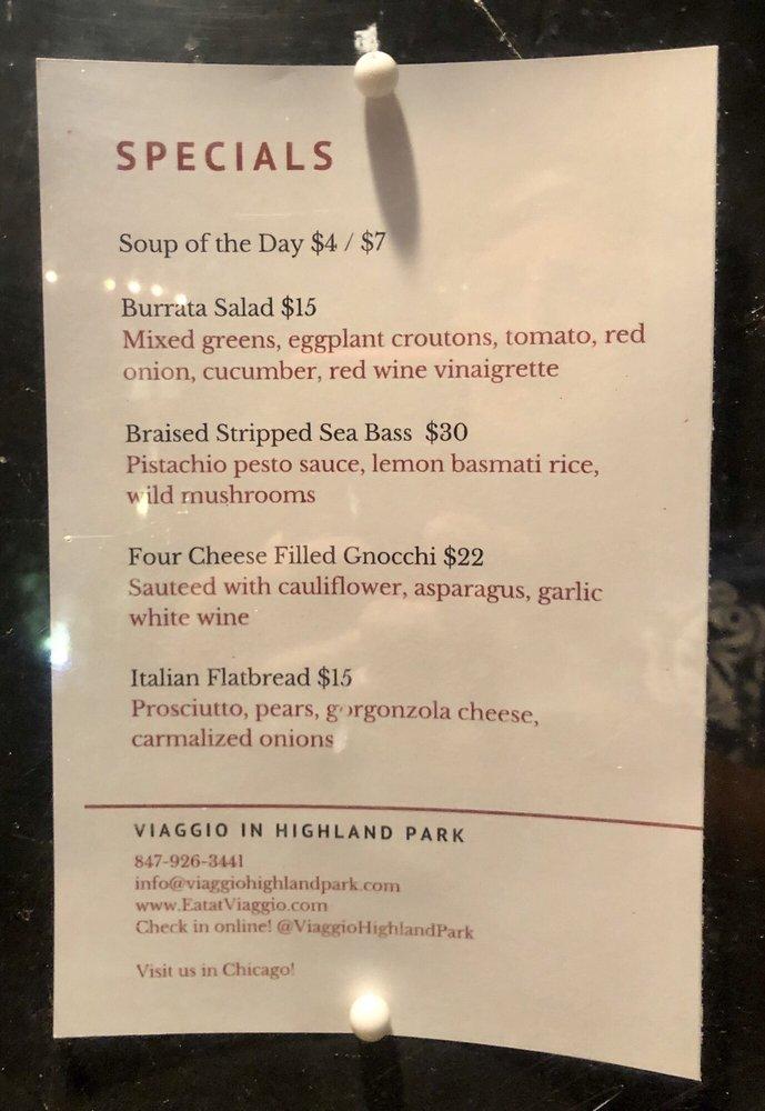 Carta del restaurante Viaggio Highland Park, Highland Park
