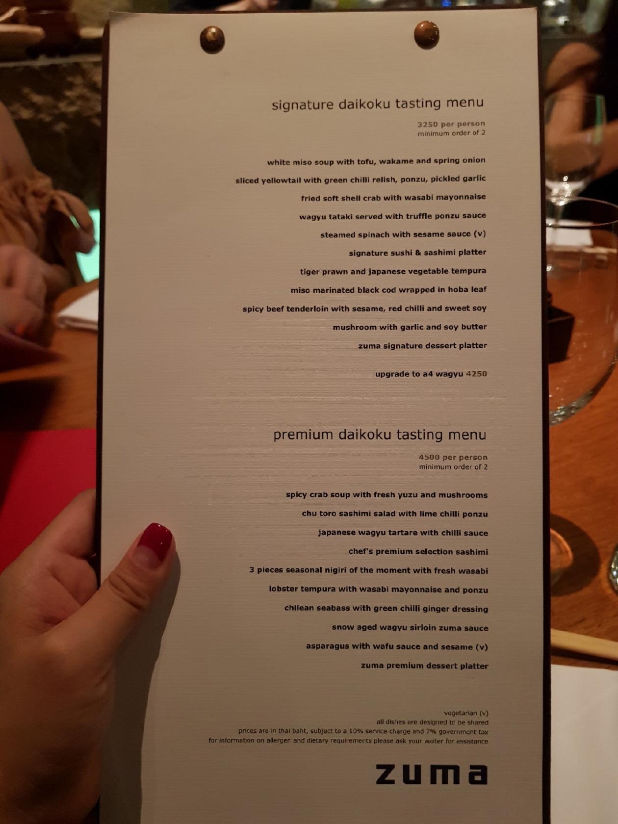 Menu at Zuma Bangkok restaurant, Bangkok