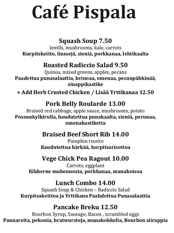 Carta de Café Pispala, Tampere, Pispankatu 30