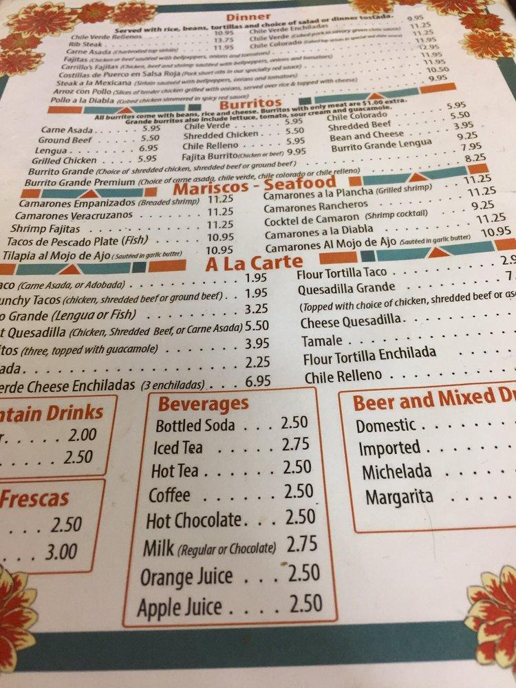 Menu at Carrillo's Mexican Food restaurant, Clovis